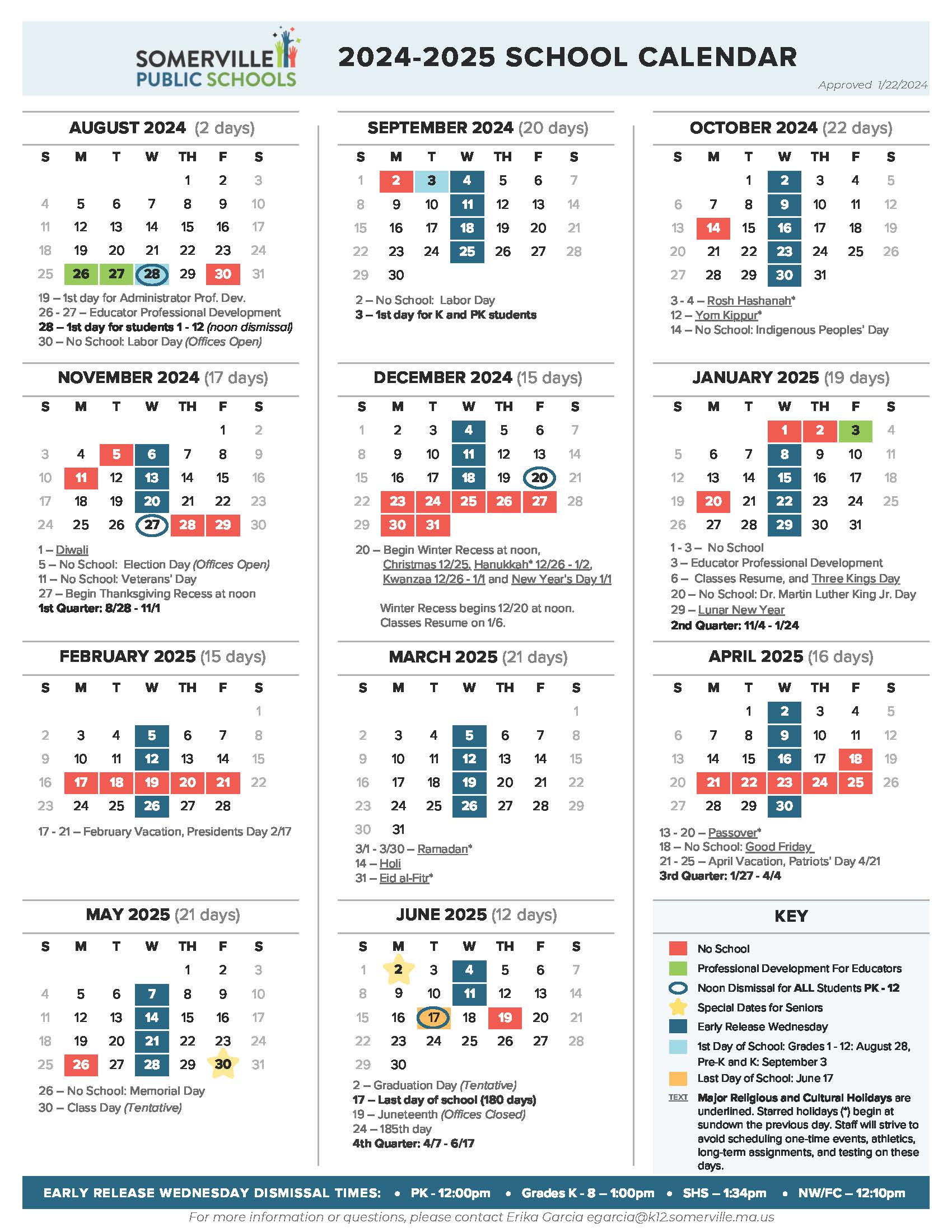2024-2025 District School Year Calendar | Somerville Public Schools